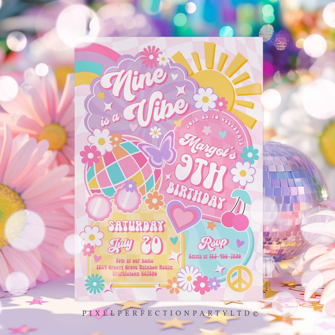 Editable Nine is A Vibe 9th Birthday Party Invitation Rainbow Sunshine ...