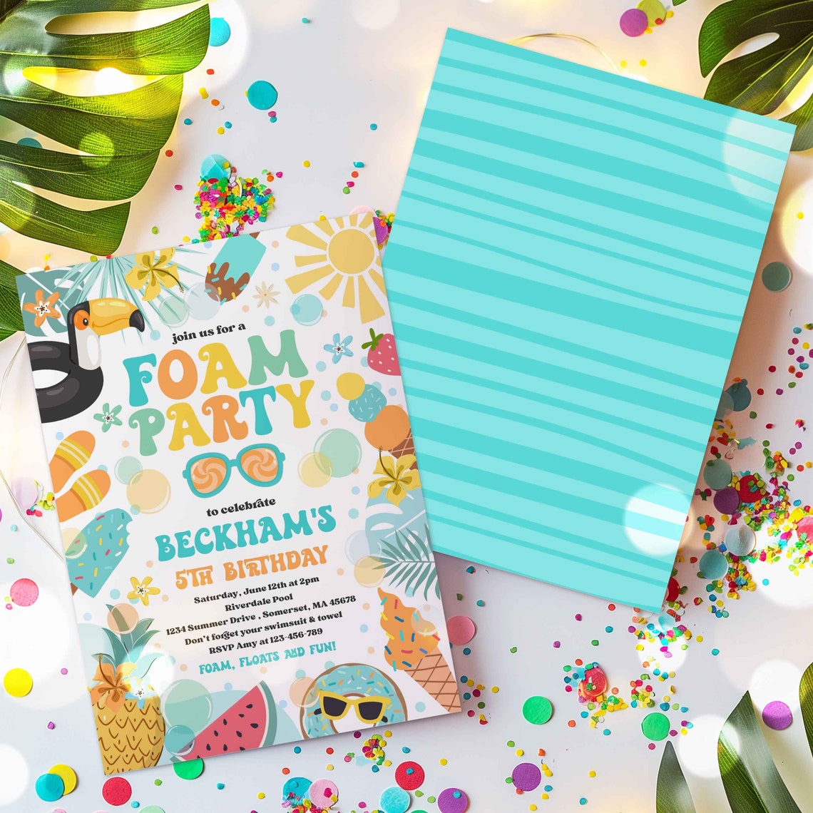 Editable Foam Birthday Party Invitation Tropical Pool Foam Boy Pool ...