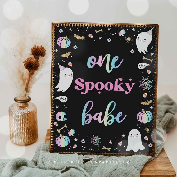 Cute Pastel Halloween Ghost Party Sign One Spooky Babe Sign Ghost ...