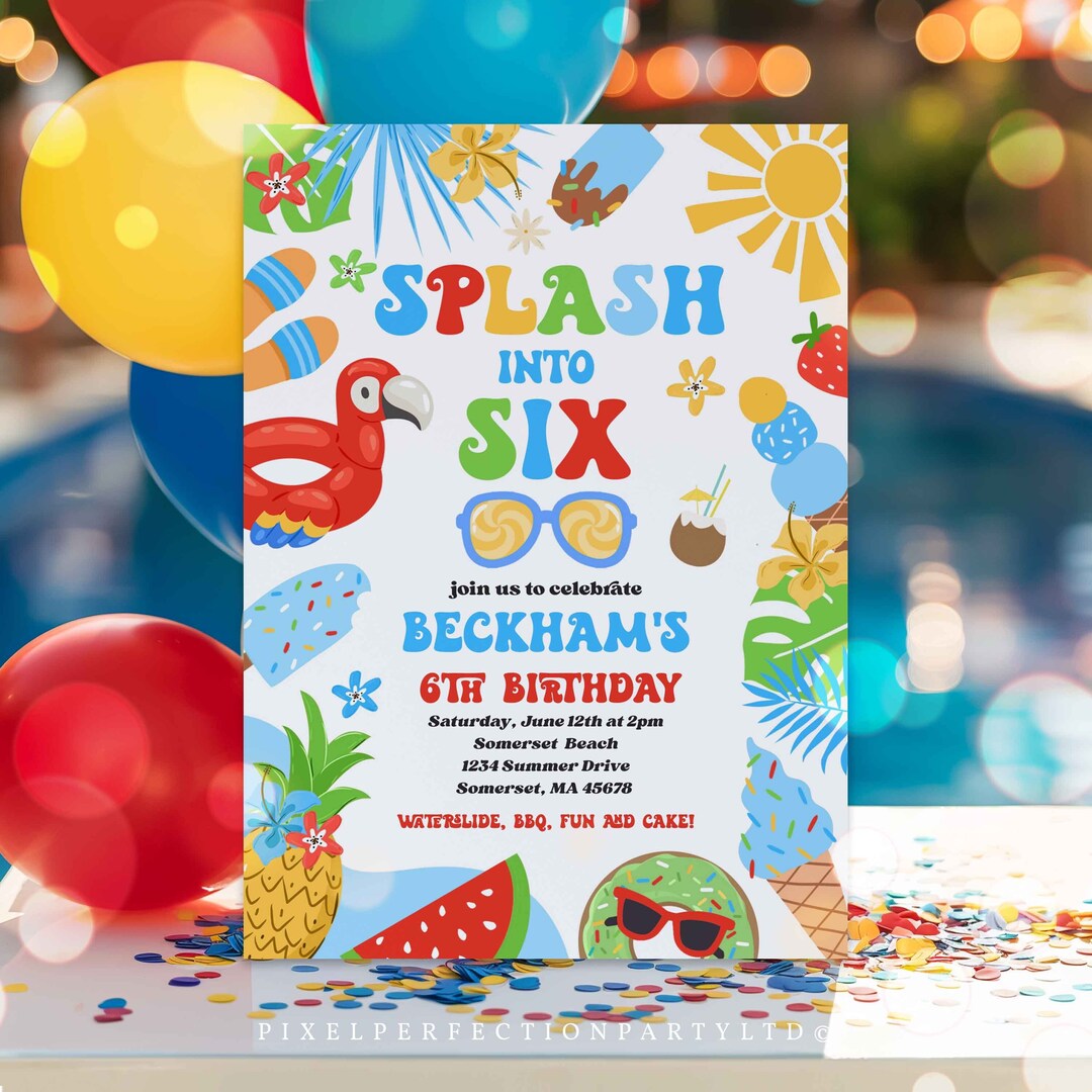 Editable Splash Into Six 6th Birthday Pool Party Invitation Tropical ...