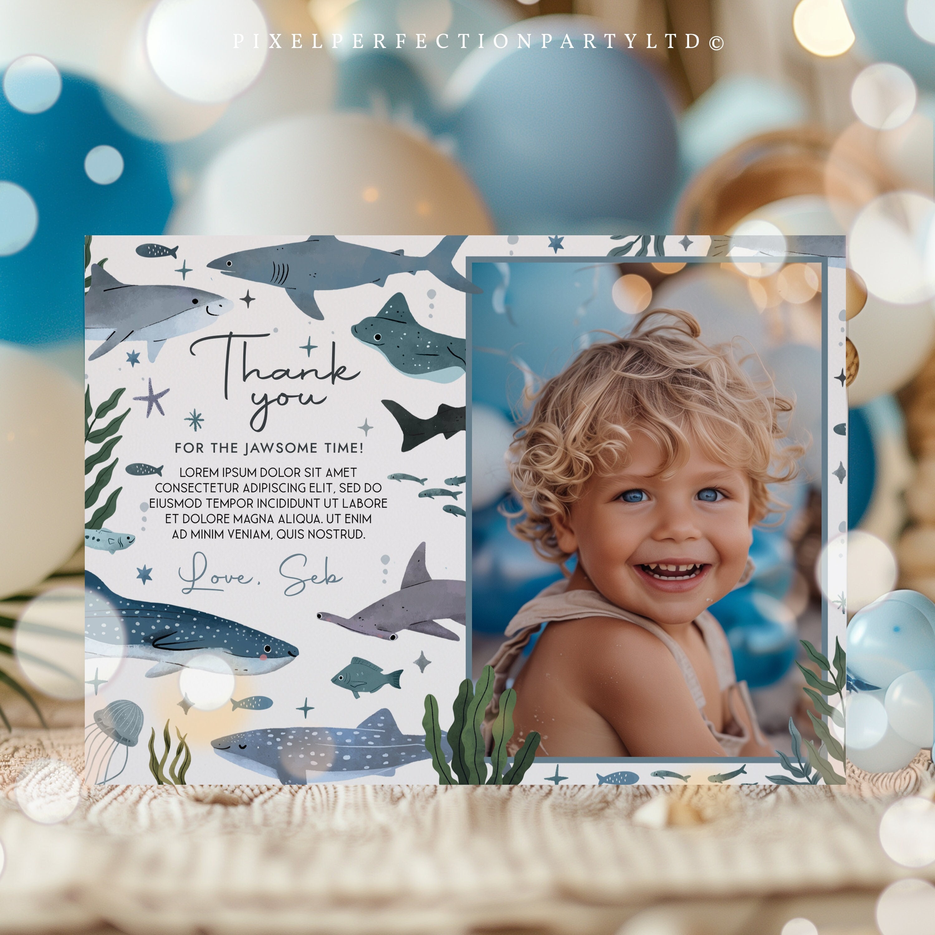 Editable Shark Birthday Party Thank You Card Shark Under the Sea ...