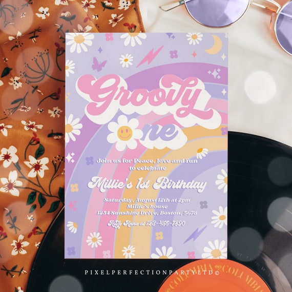 Editable Groovy One Birthday Party Invitation Orange Purple Pink Groovy ...