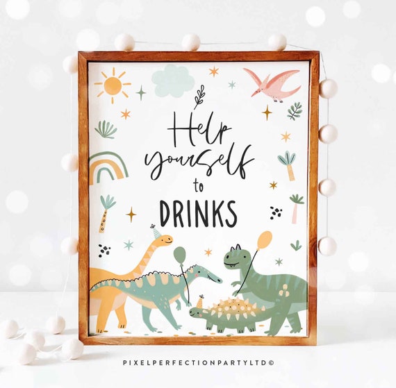 Dinosaur Help Yourself to Drinks Birthday Party Sign Drink Sign ...