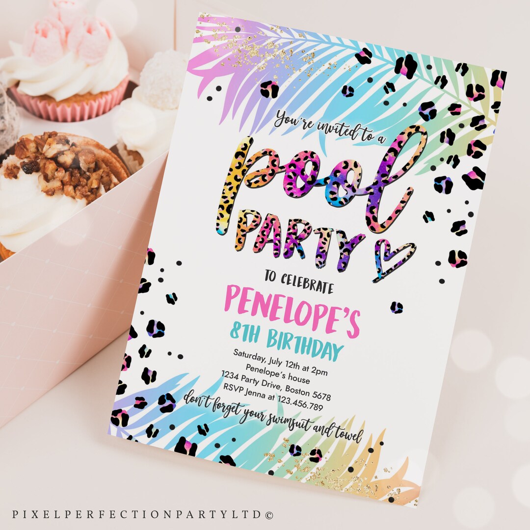 Editable Pool Party Invitation Girly Rainbow Cheetah Print Pool ...