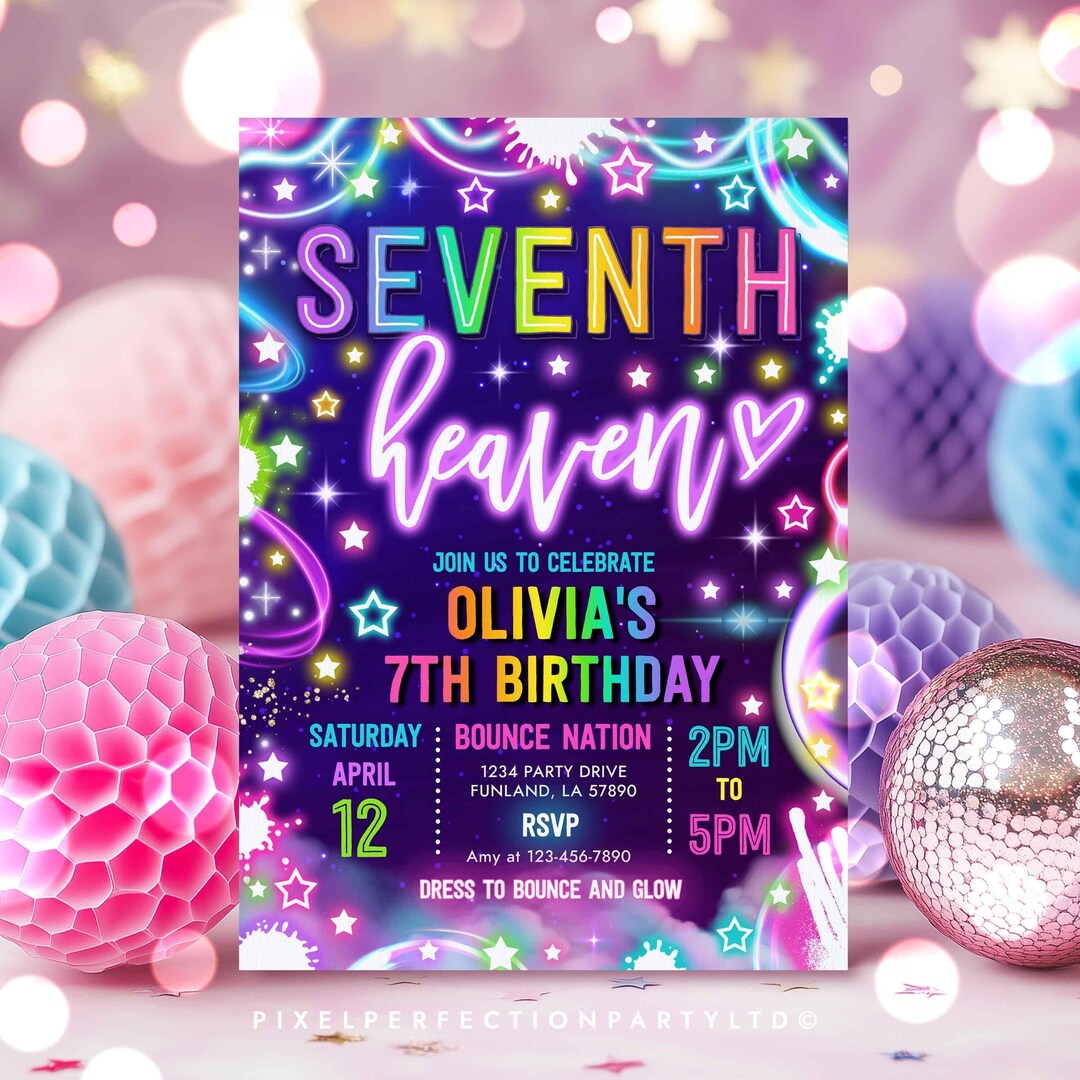 Editable 7th Heaven Neon Birthday Party Invitation Pastel Neon Glow ...