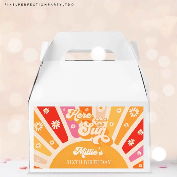 Editable Groovy Birthday Party Gable Box Favor Label Retro Sunshine ...