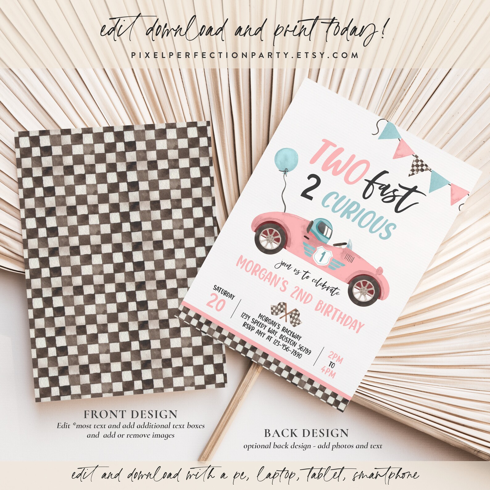 Editable Two Fast Birthday Invitation Two Fast Girl Pink Race - Etsy