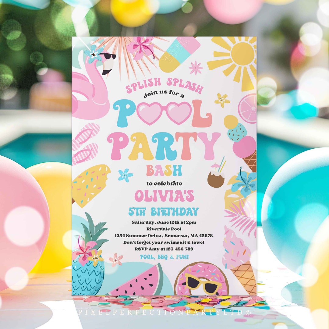 Editable Pool Party Invitation Tropical Splish Splash Girly Pool Party ...