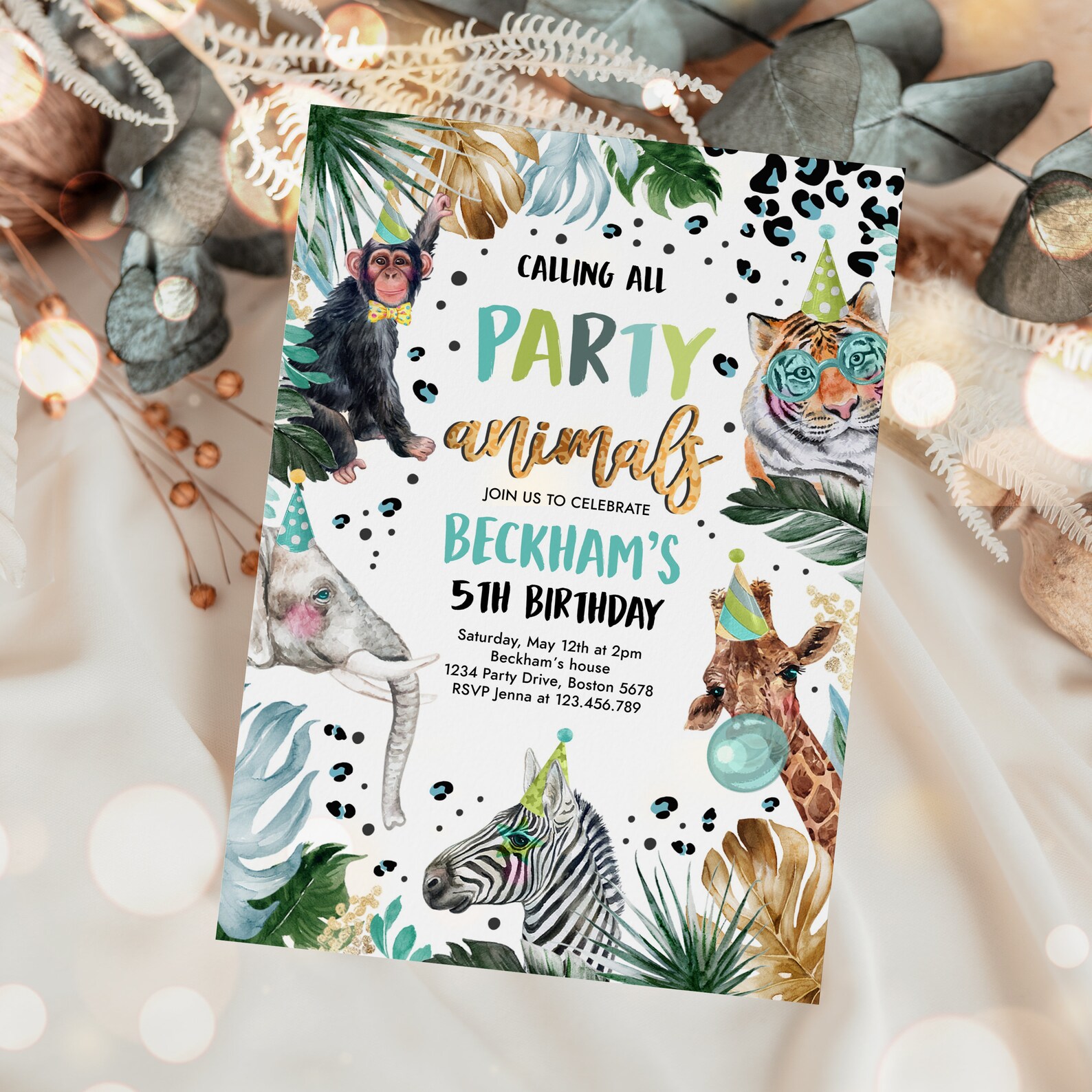 Editable Party Animals Birthday Invitation Leopard Print Safari Animals ...