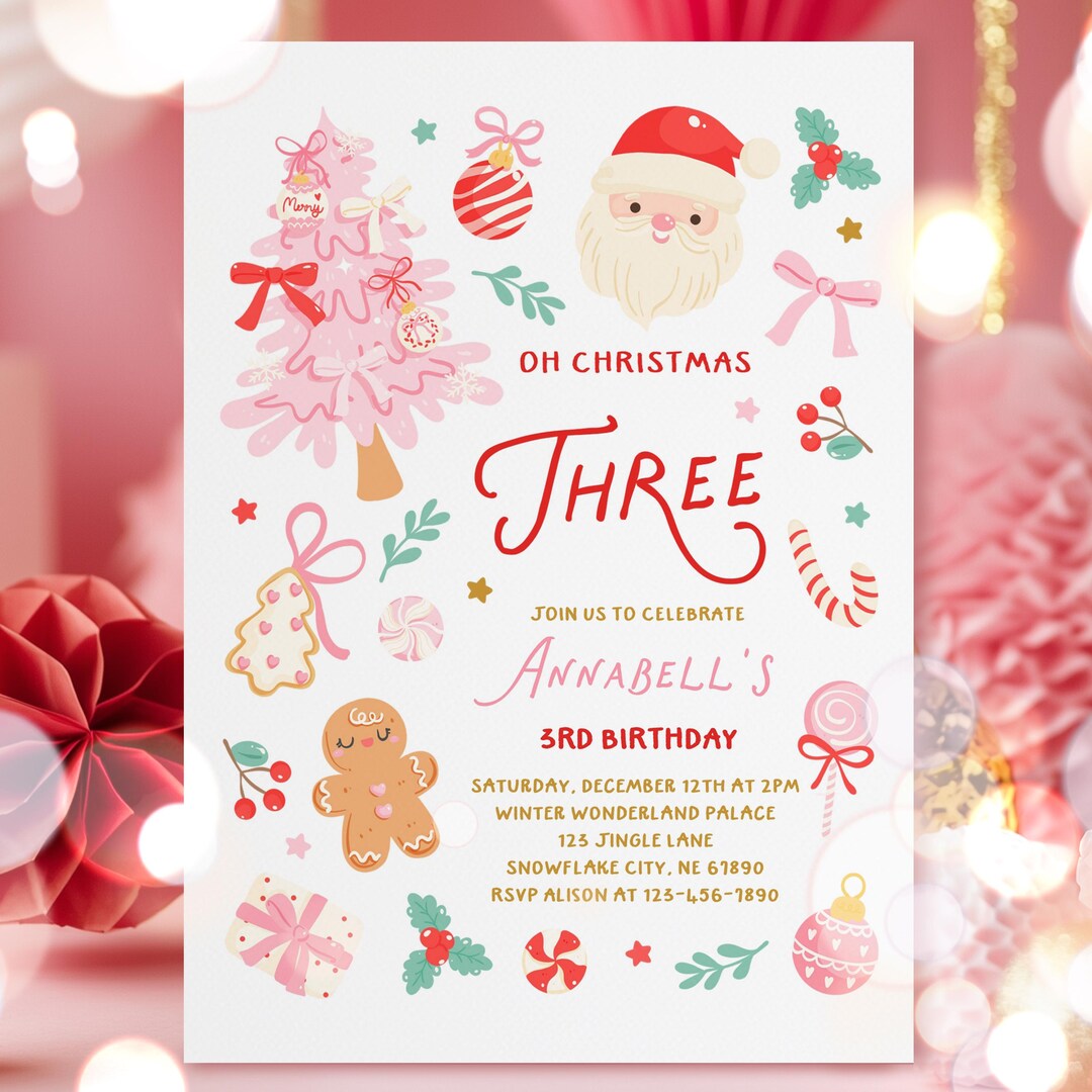 Editable Oh Christmas Three 3rd Birthday Party Invitation Christmas Red ...