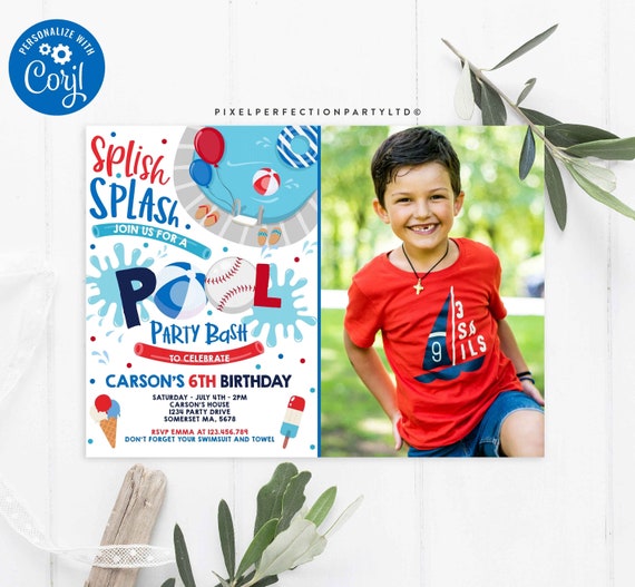 Editable Baseball Pool Party Invitation Sports Summer Pool Party Sports ...