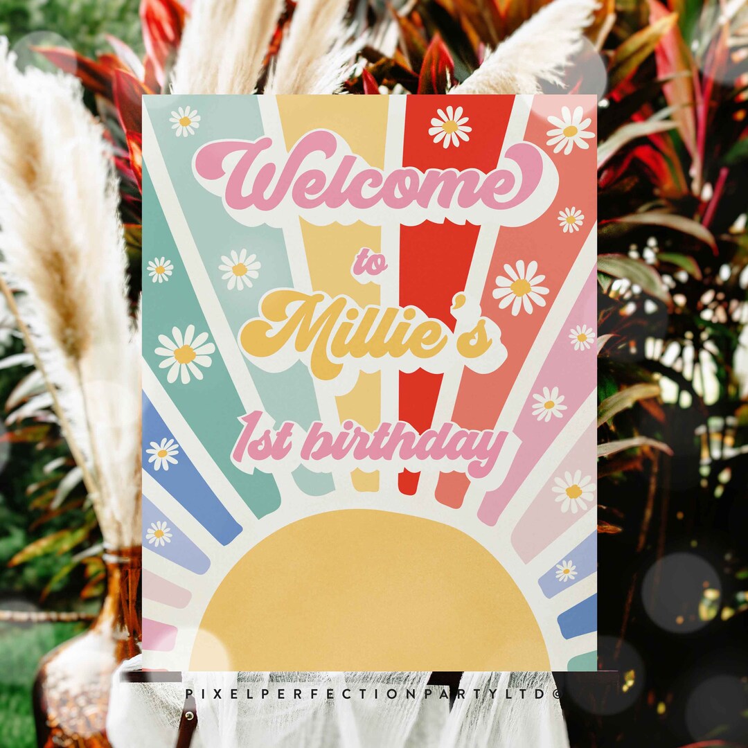 Editable Groovy Birthday Party Welcome Sign Retro Sunshine - Etsy