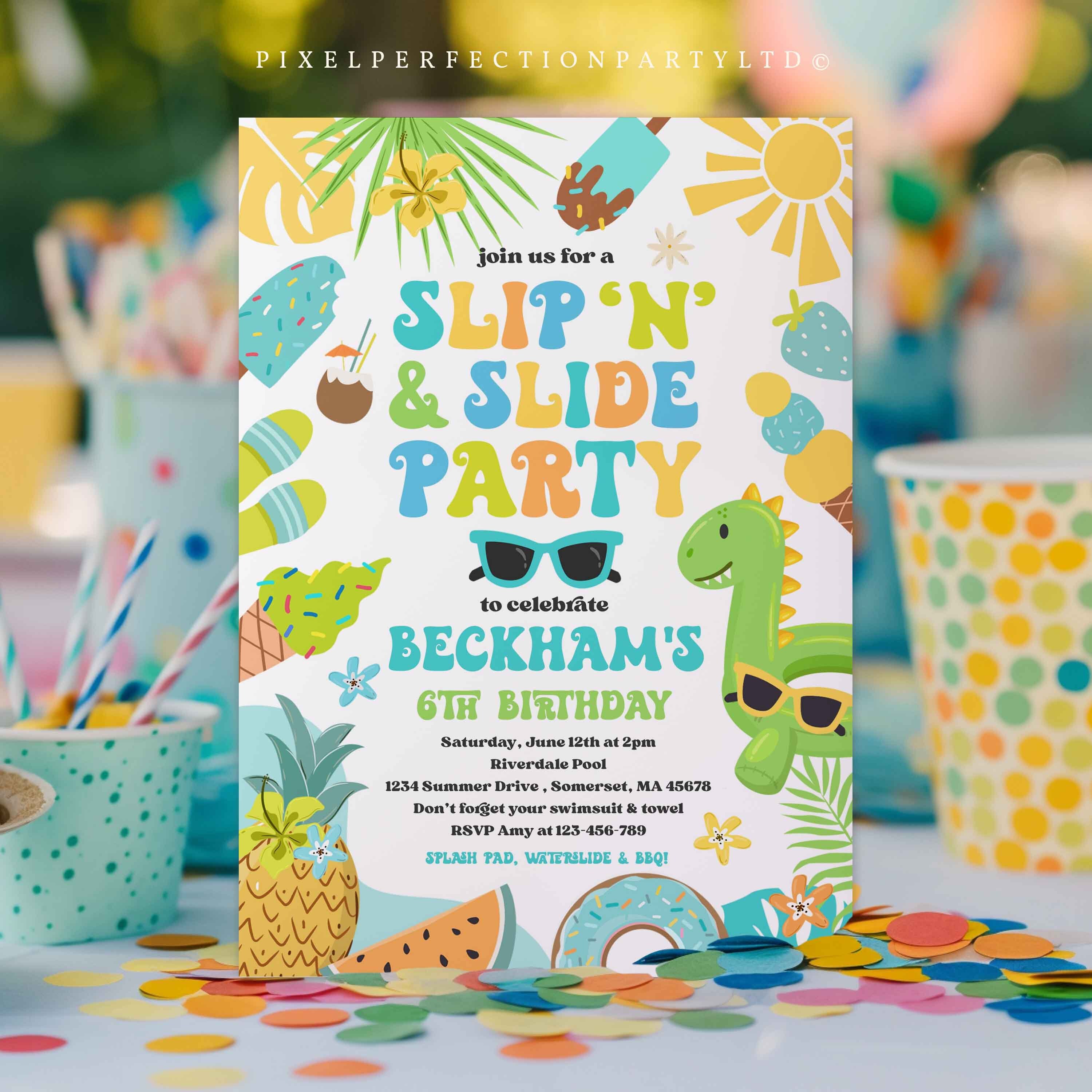 Editable Slip ’N’ Slide Birthday Party Invitation Tropical Splish ...