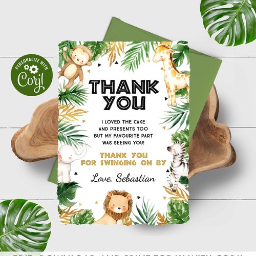 Editable Safari Thank You Card Birthday Jungle Safari Thank - Etsy