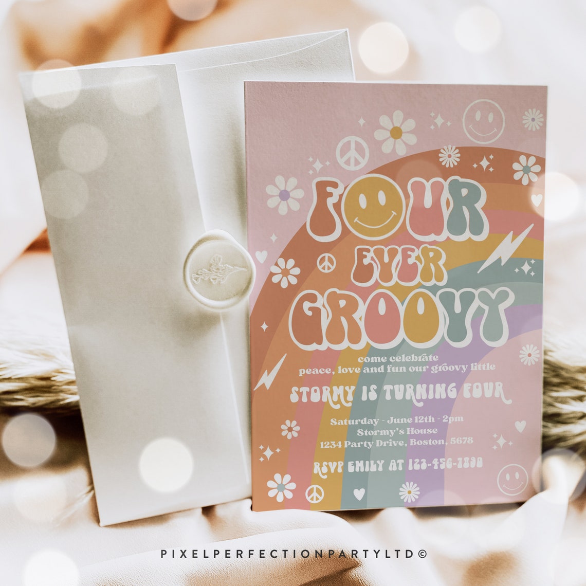 Editable Four Ever Groovy Birthday Party Invitation Peace Love | Etsy