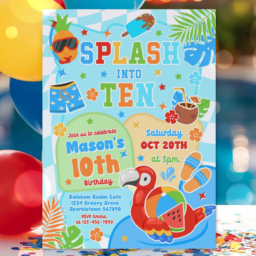 Editable Splash Into Ten 10th Birthday Pool Party Invitation Tropical ...