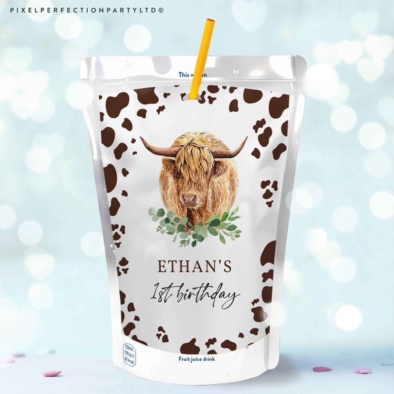 Editable Cow Birthday Party Juice Pouch Labels Highland Cow Holy Cow ...
