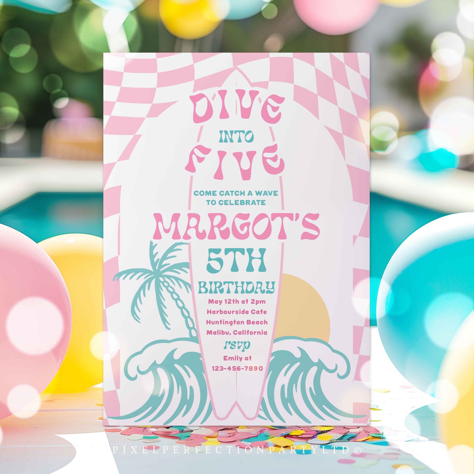 Editable Dive Into Five Surf 5th Birthday Party Invitation Girl Surf's ...