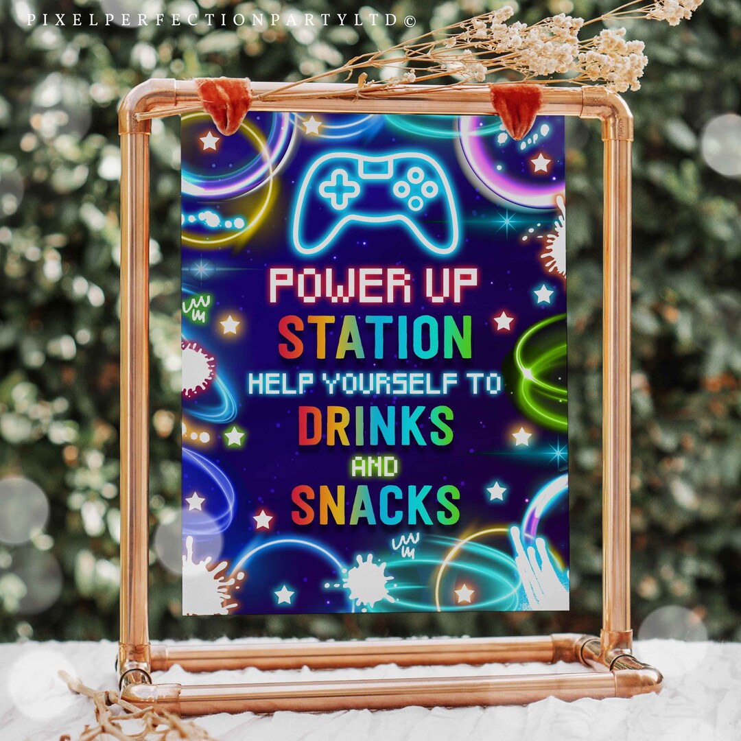 Video Game Power up Station Party Sign Neon Gamer Birthday Game on ...