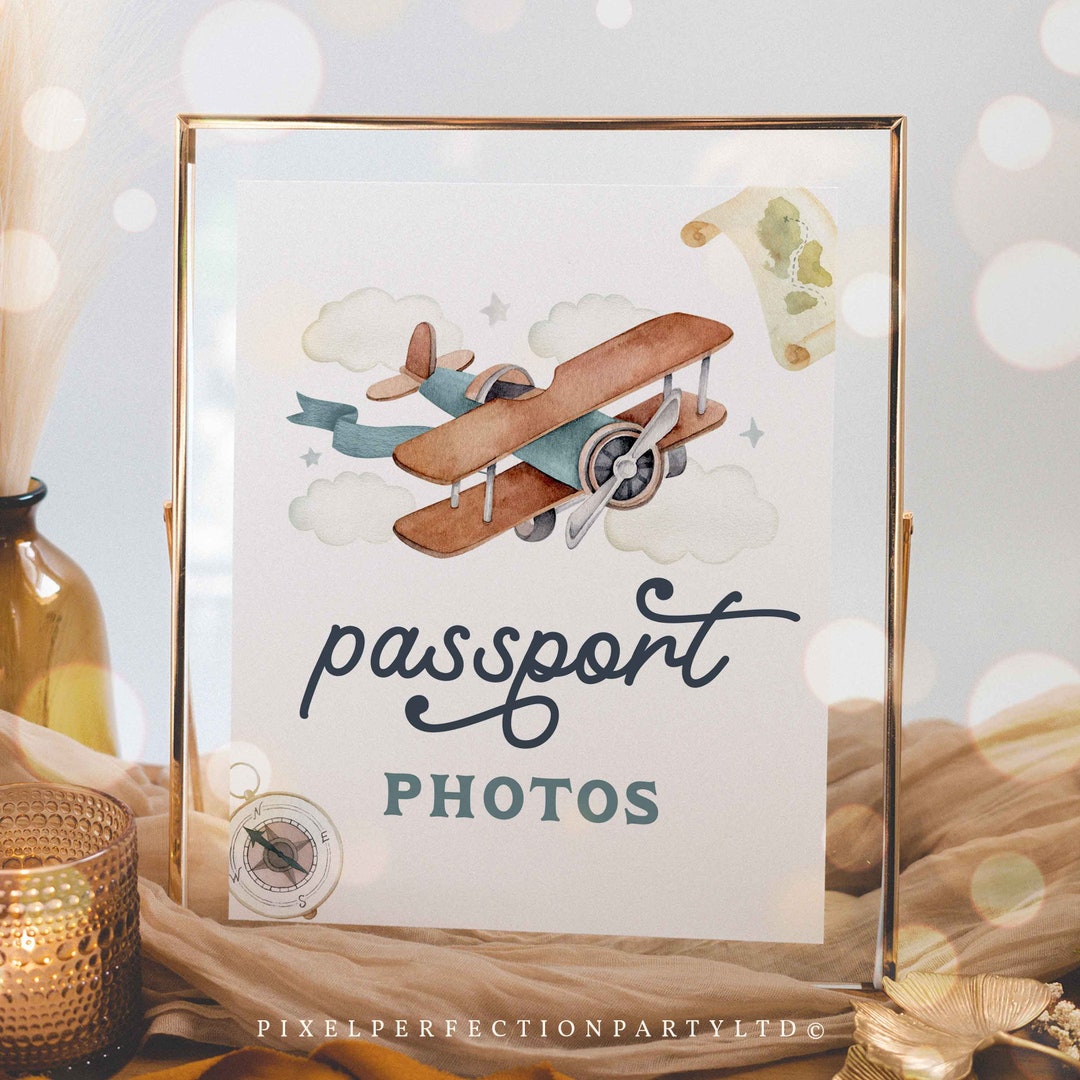 Passport Photo Airplane Birthday Party Sign Vintage Travel Airplane ...
