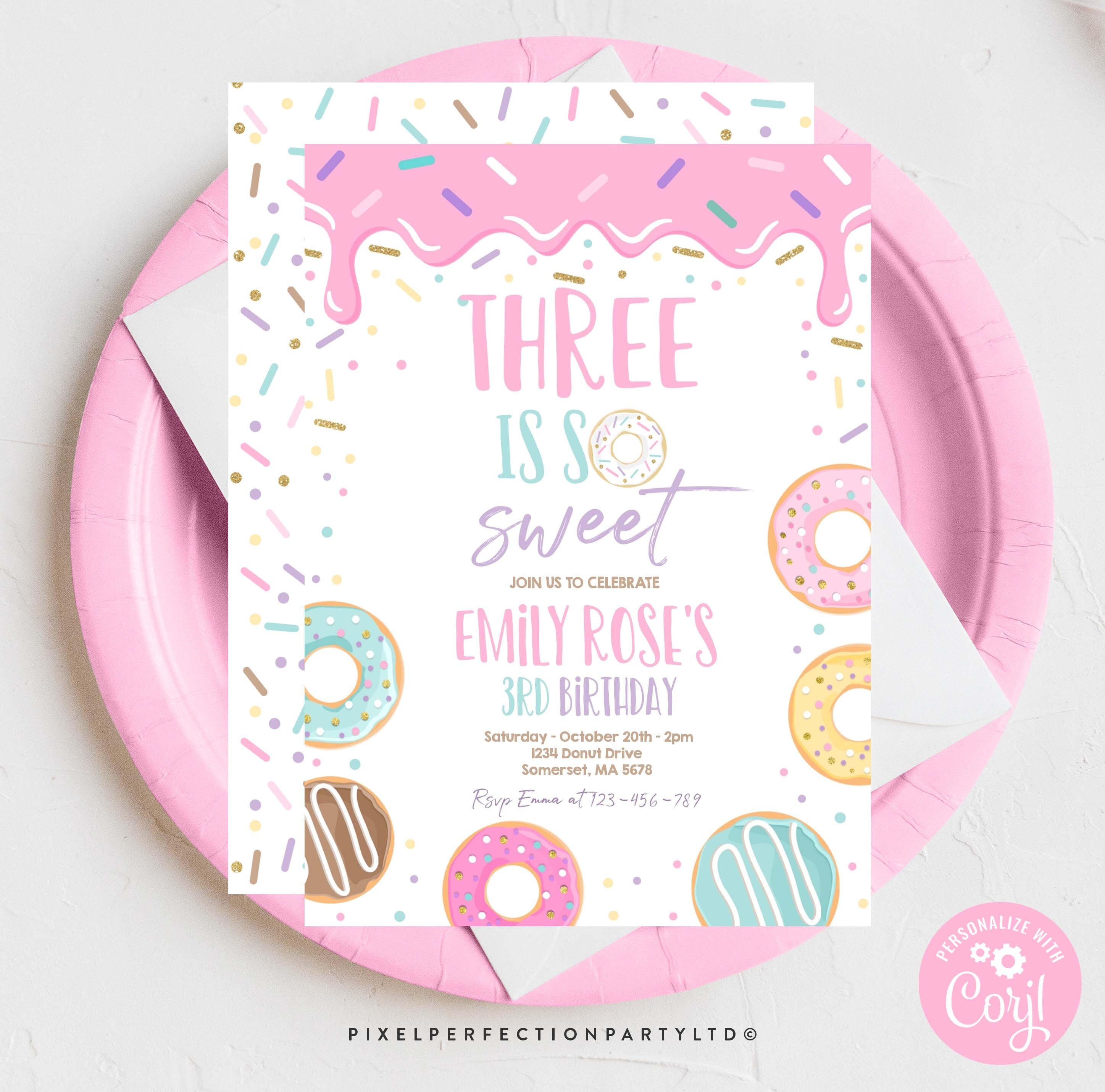 Editable Donut Three Is Sweet Birthday Invitation Girl Donut | Etsy