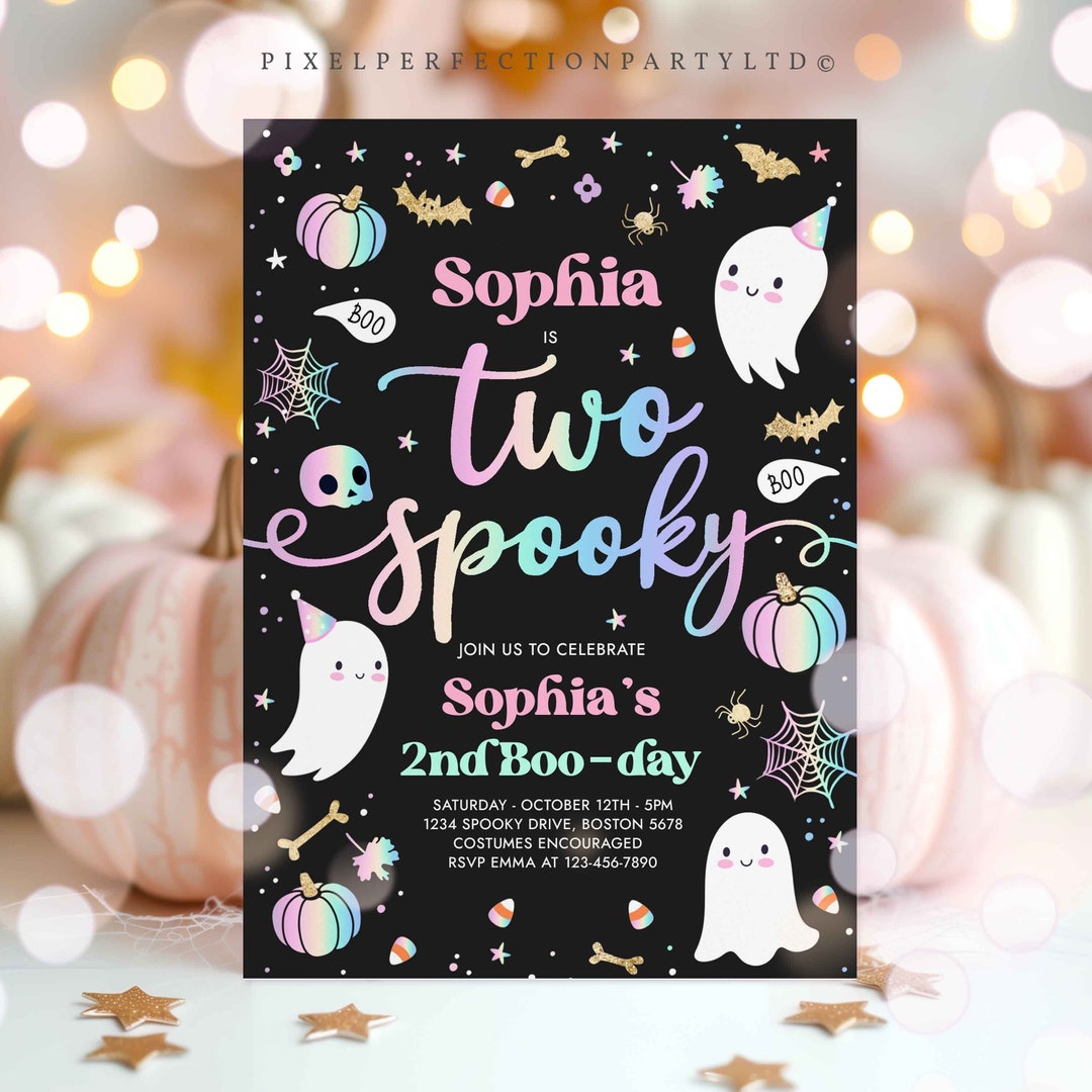 Editable Two Spooky Halloween Ghost 2nd Birthday Party Invitation Cute ...