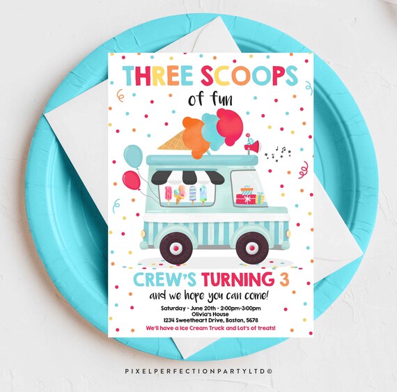 Editable Ice Cream Truck Three Scoops Of Fun 3rd Birthday Party