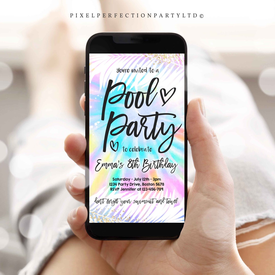 Editable Pool Party Evite Invitation Girly Tie Dye Summer Pool Birthday ...