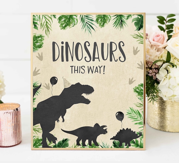 Dinosaurs This Way Sign Dinosaur Welcome Table Sign Jungle Dinosaur ...