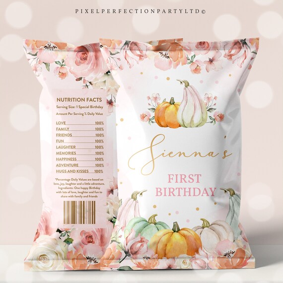 Editable Pumpkin Birthday Party Chip Bag Pink And Gold Whimsical Floral Pumpkin Patch 1st