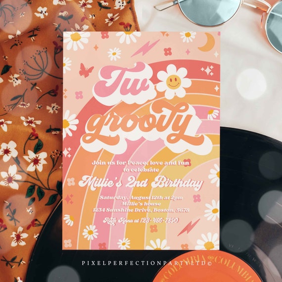 Editable Two Groovy Birthday Party Invitation Peace Love Party Groovy ...