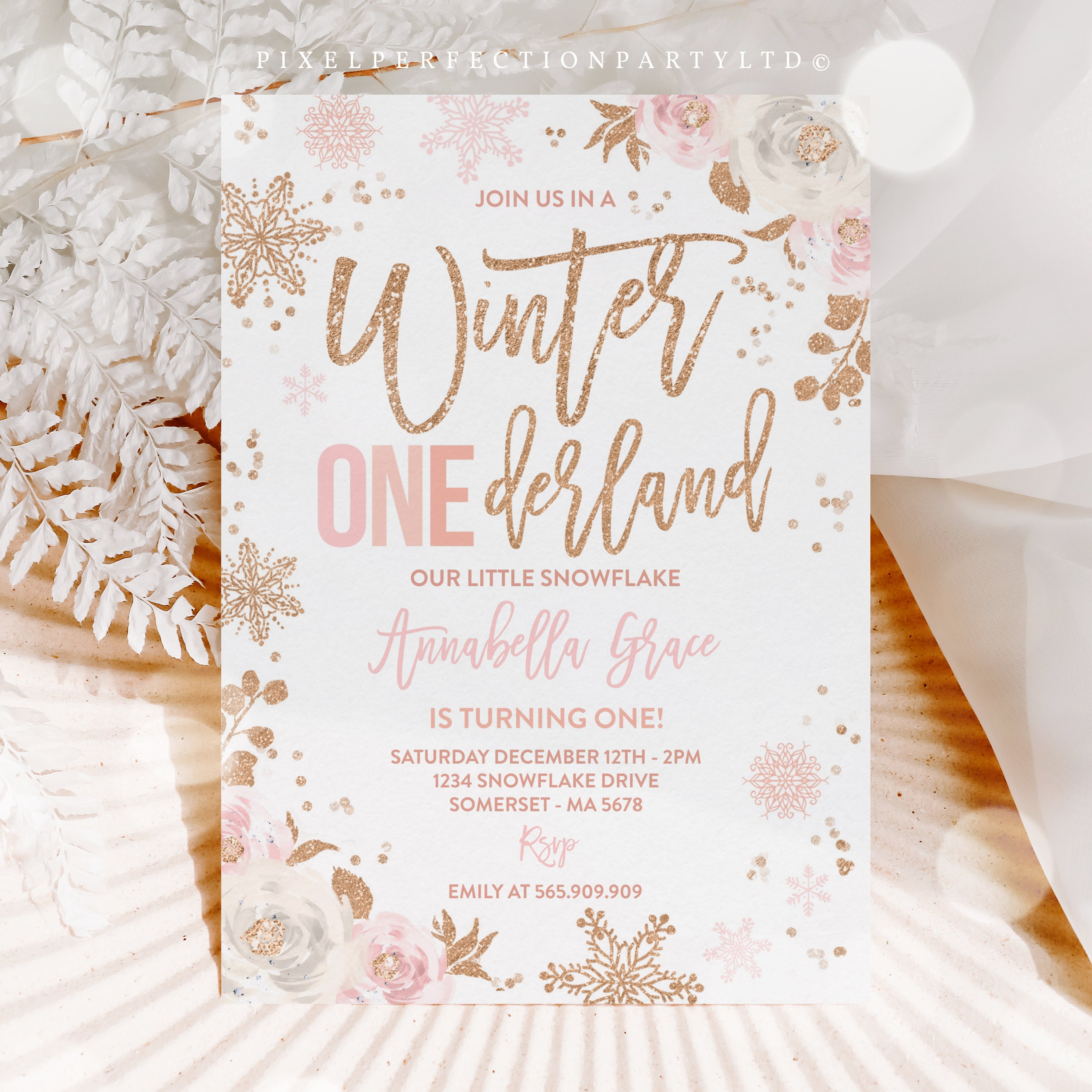 Editable WINTER Onederland Invitation Pink & Rose Gold Winter ...