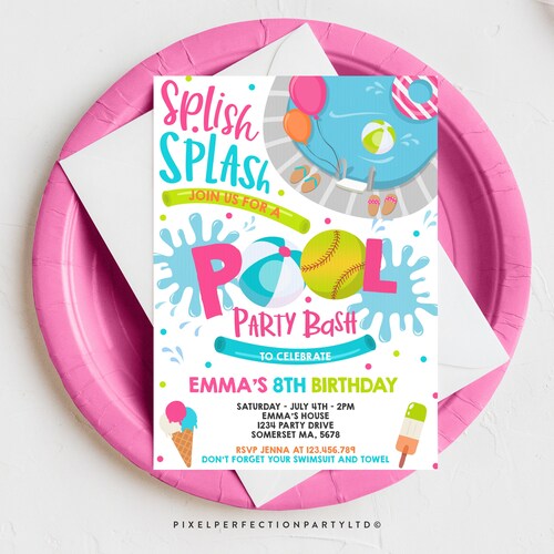 Editable Softball Pool Party Birthday Invitation Girl Summer - Etsy