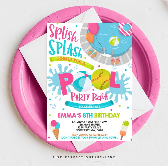 Editable Softball Pool Party Birthday Invitation Girl Summer Softball ...