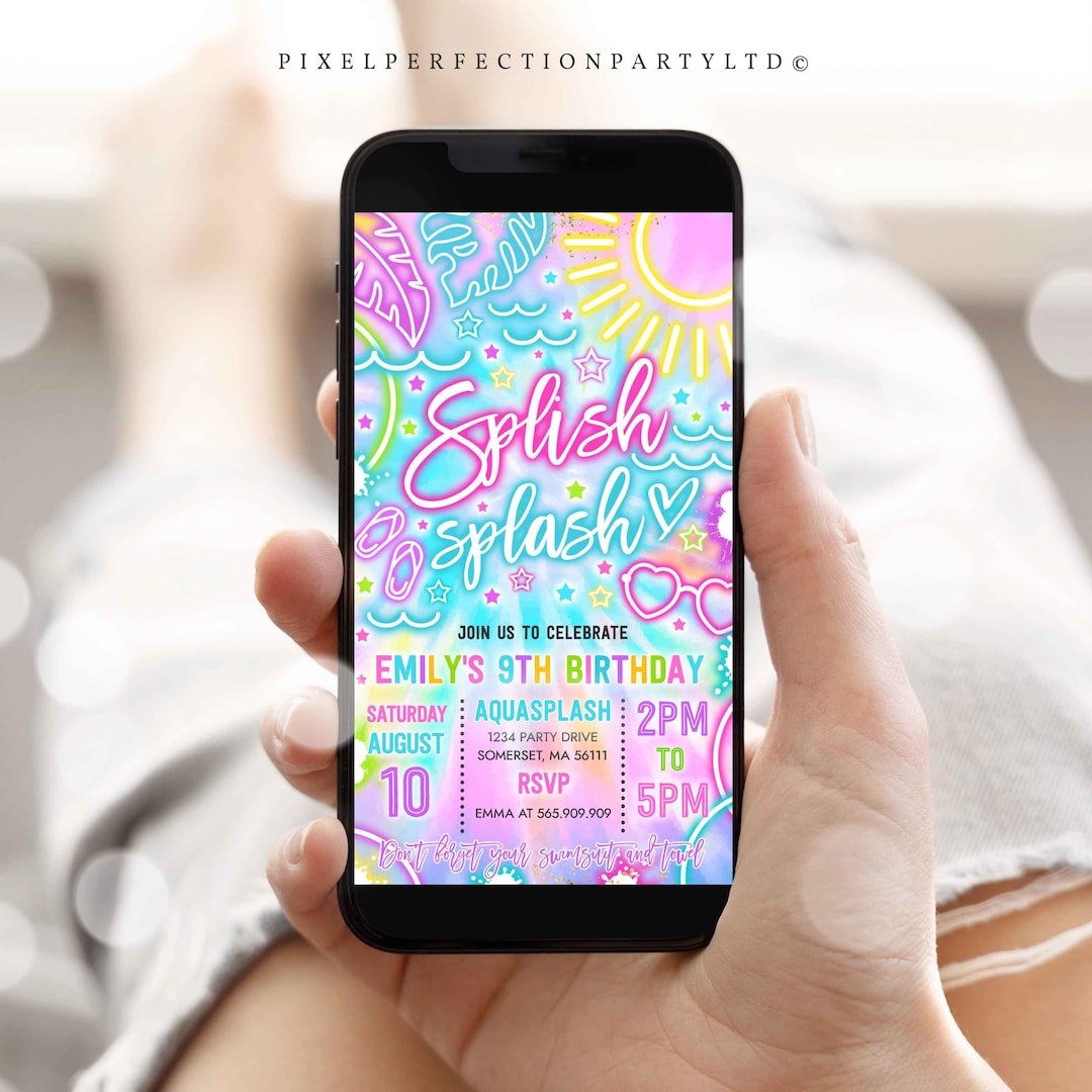 Editable Splish Splash Birthday Party Evite Invitation Glow Neon Tie ...