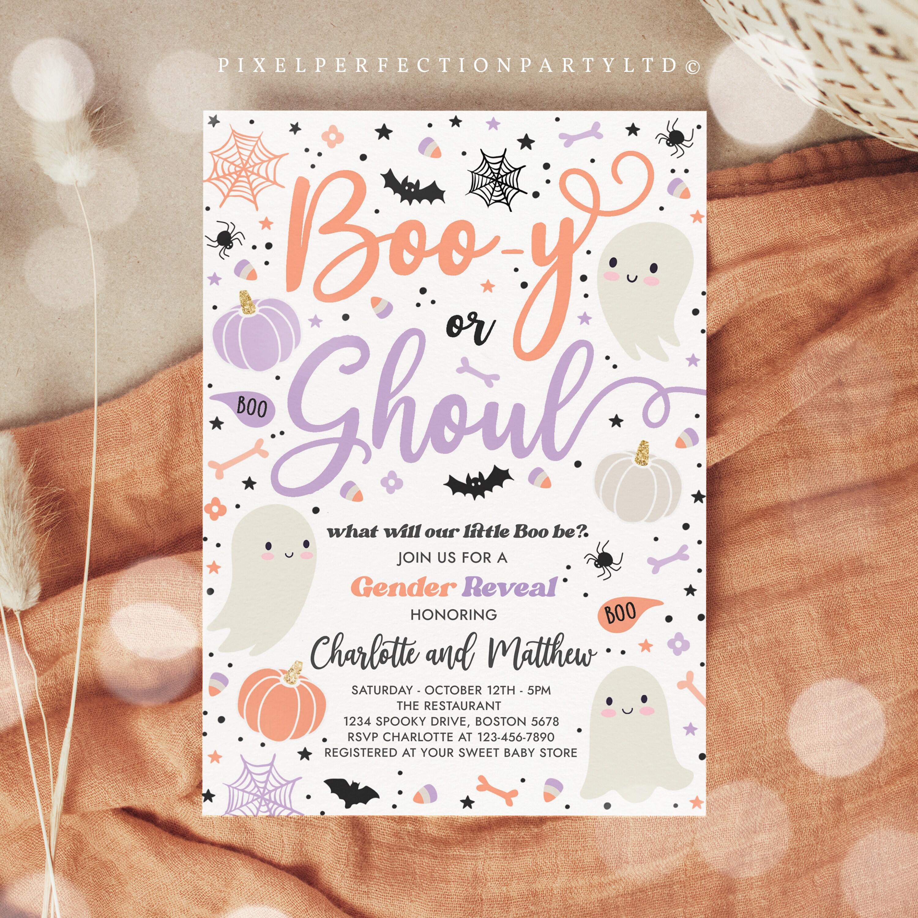 Editable Halloween Gender Reveal Invitation Little Boo Ghost Gender ...