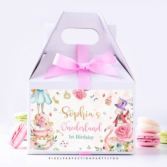 Editable Alice In ONEderland Gable Box Favor Labels Pink Alice Gable ...