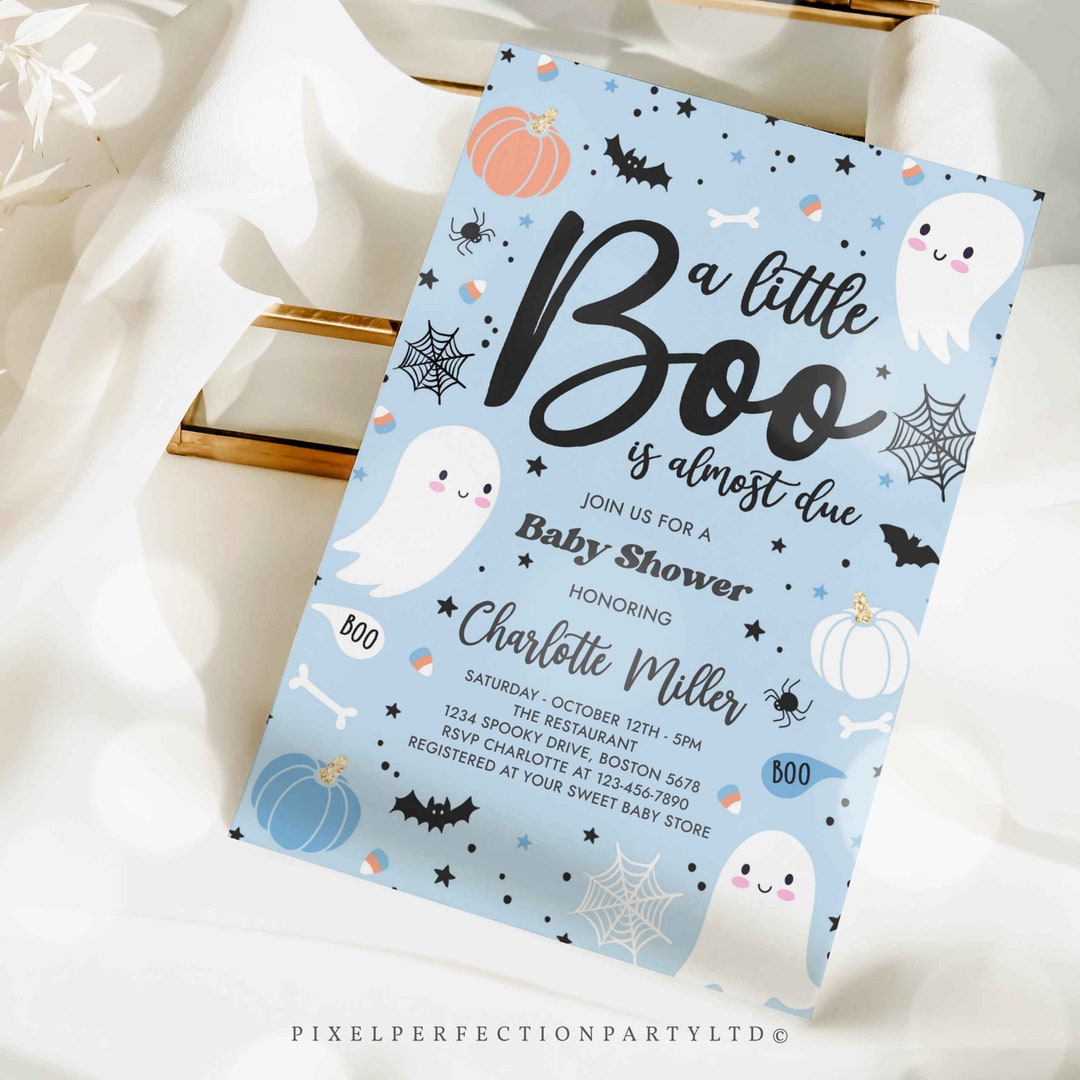 Editable Little Boo Baby Shower Invitation Boy Blue Ghost Baby Shower ...
