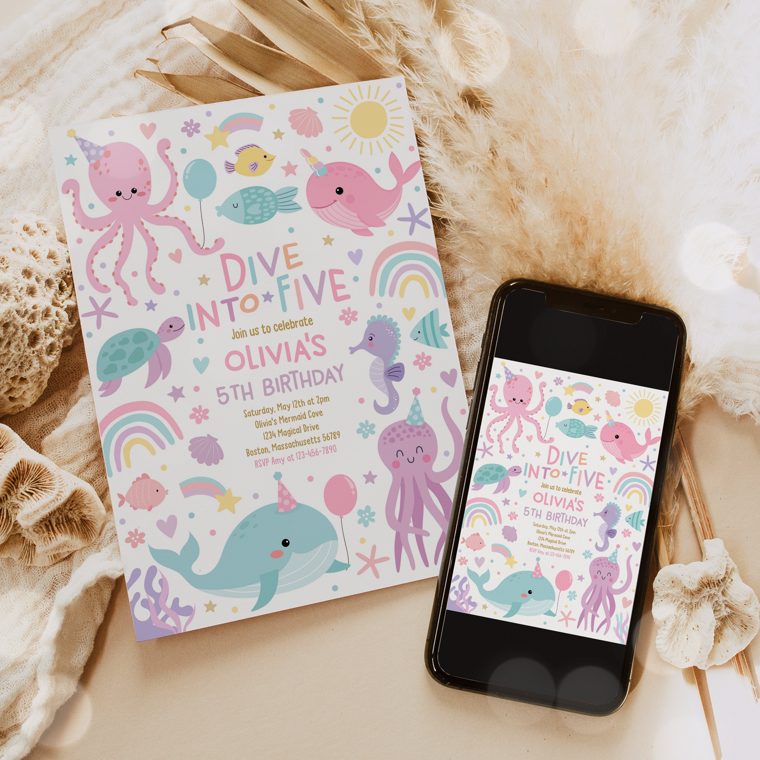 Editable Dive Into Five 5th Birthday Party Invitation Cute Sea ...
