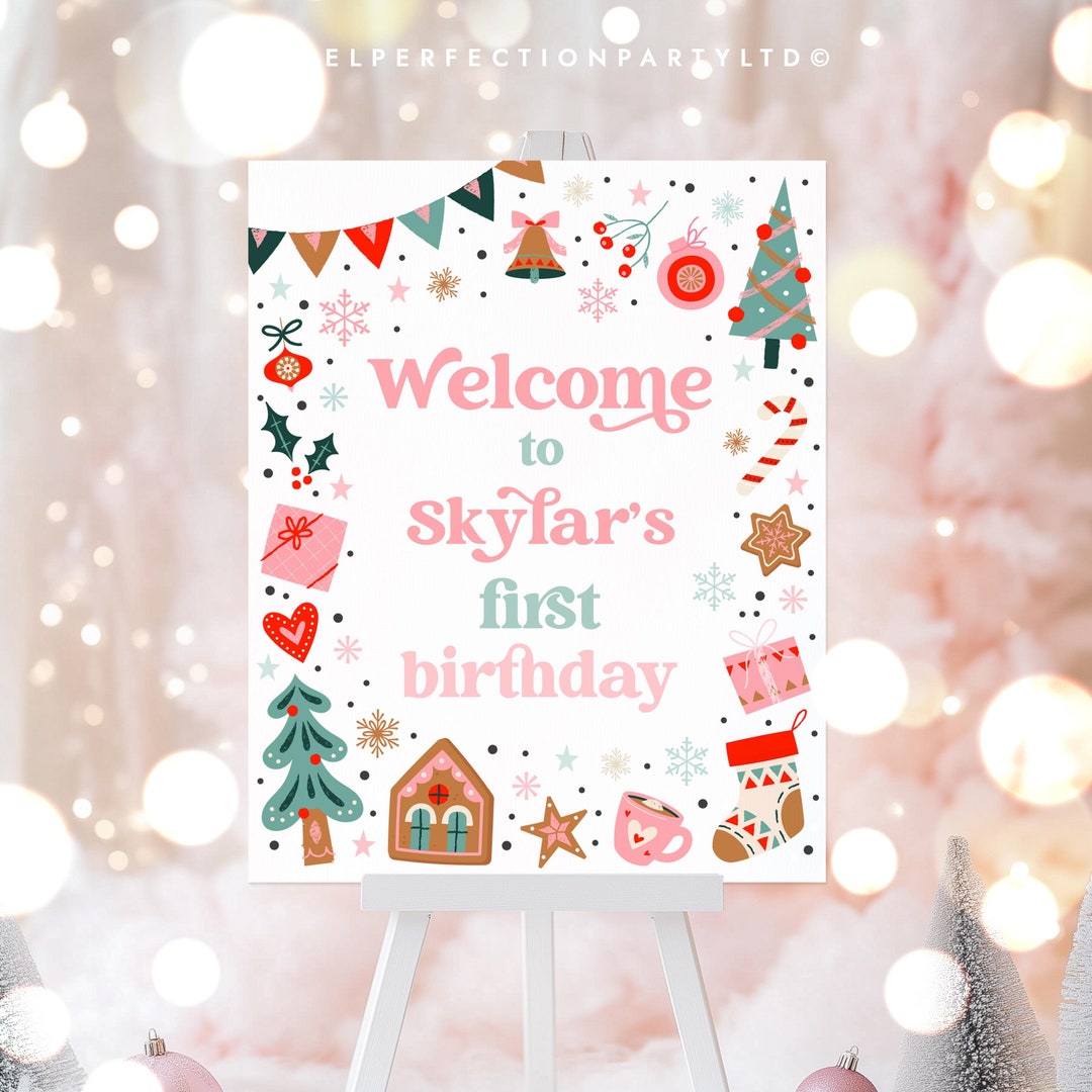 Editable Christmas Birthday Party Welcome Sign Pink and Red Most ...