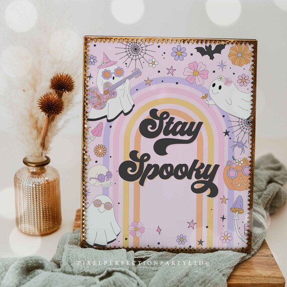 Halloween Ghost Birthday Party Stay Spooky Sign Retro Groovy Rainbow ...
