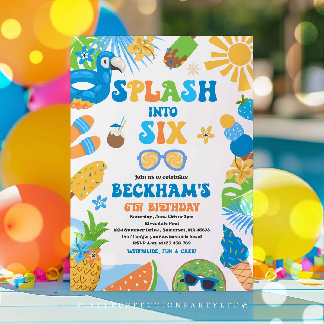 Editable Splash Into Six 6th Birthday Pool Party Invitation Tropical ...