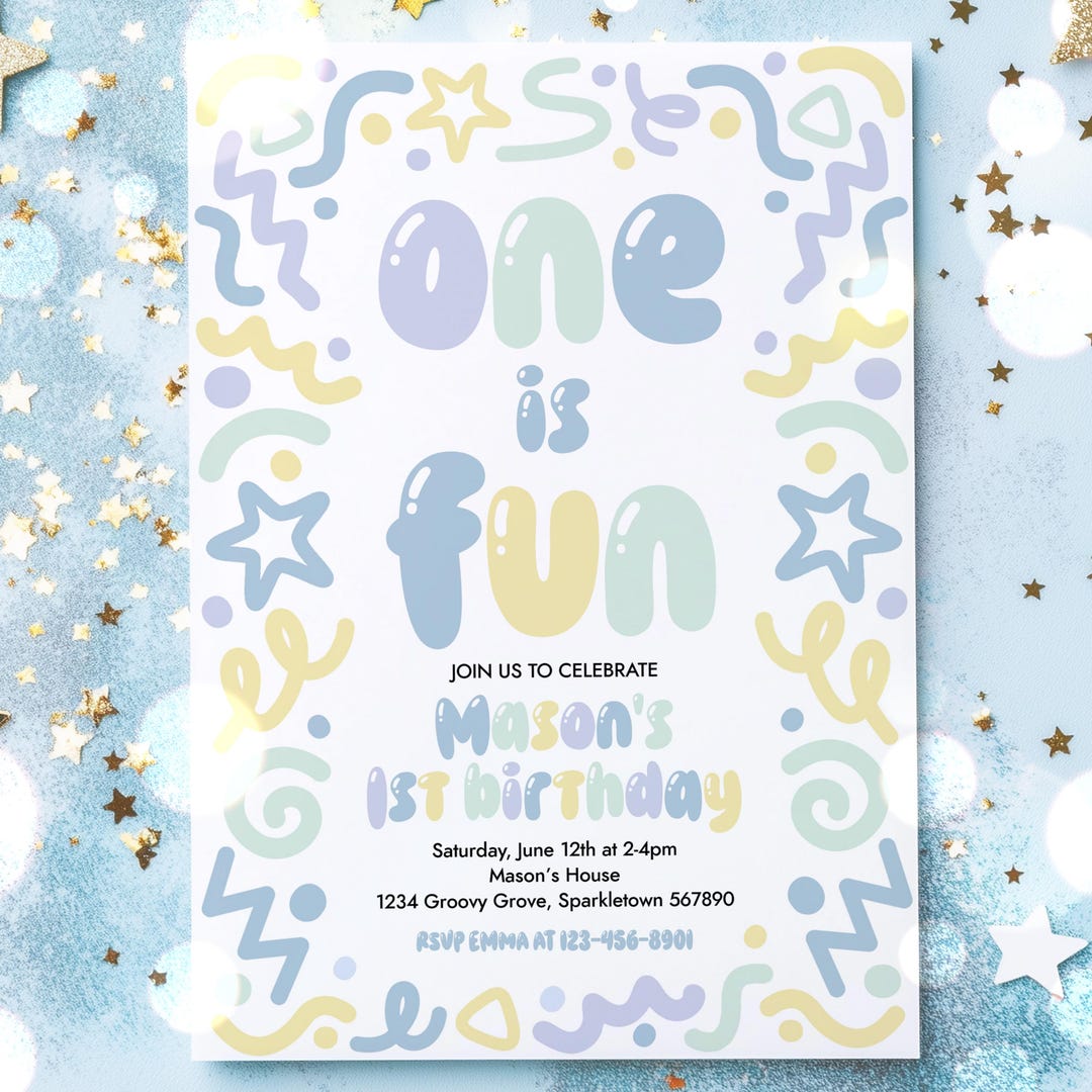 Editable One is Fun Balloon Letters Doodle Birthday Party Invitation ...