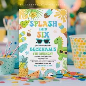 Editable Splash Into Six 6th Birthday Pool Party Invitation Tropical ...