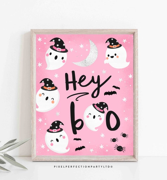 Pink Halloween Ghost Birthday Party Sign Cute Pink Ghost Party Hey Boo ...