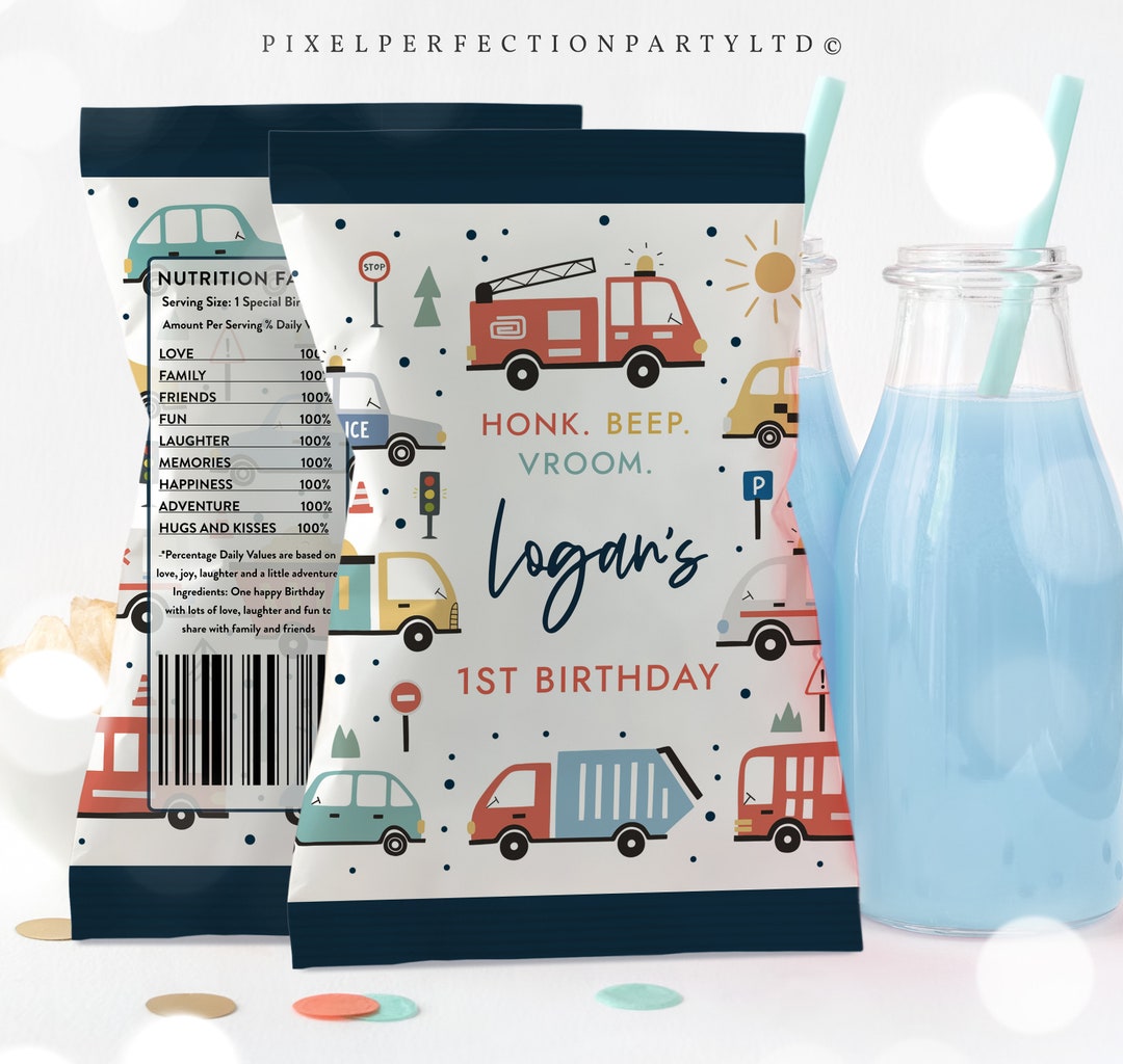 Editable Transportation Birthday Chip Bag Wrapper Trucks Cars Diggers ...