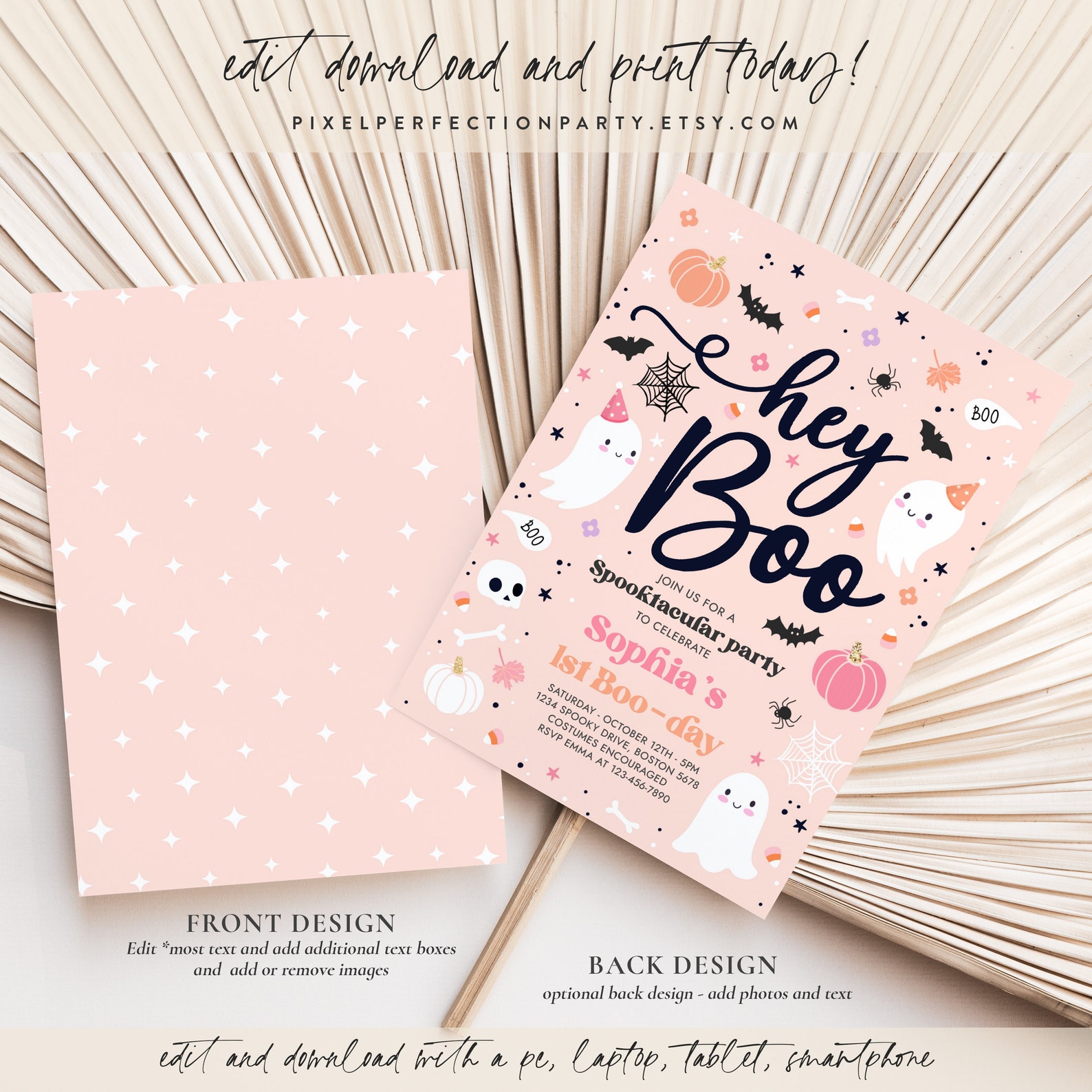 Editable Halloween Pink Ghost Birthday Invitation Hey Boo - Etsy