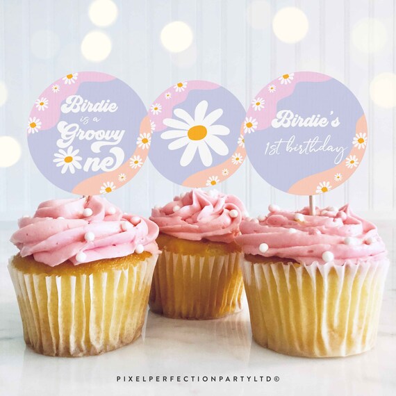 Editable Groovy Birthday Party Cupcake Toppers Pastel Retro Groovy ...