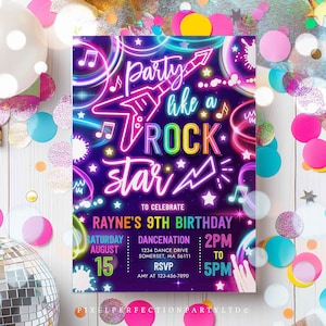 Editable Rock Star Birthday Party Invitation Neon Glow Party Like A ...