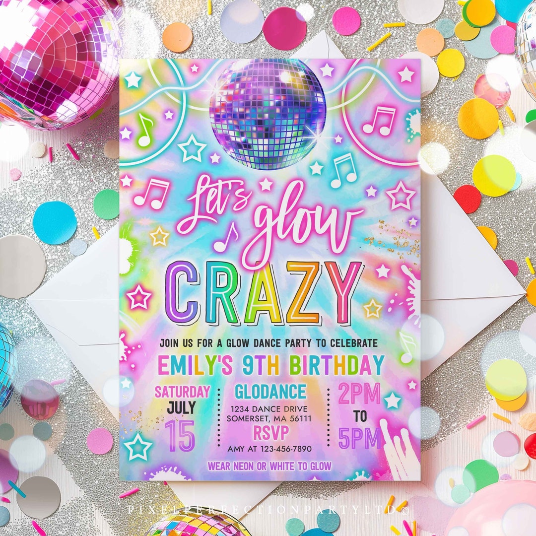 Editable Glow Disco Party Invitation Tie Dye Glow Dance Party ...
